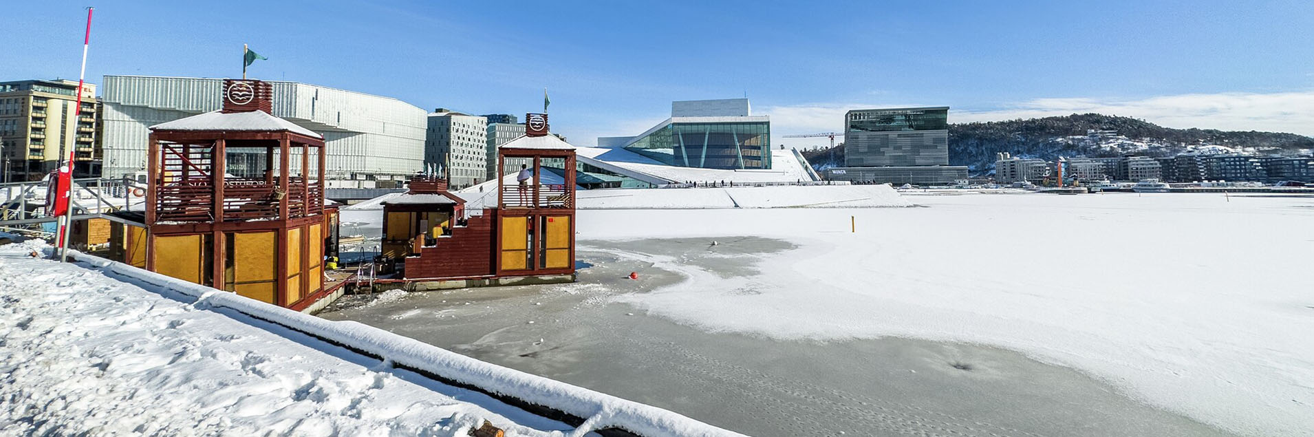 Snow covered harbour with saunas, the Opera, MUNCH